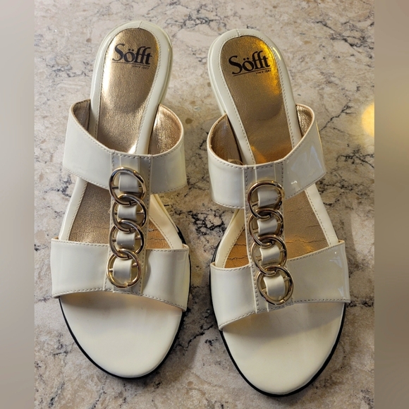Sofft | Shoes | Sofft Cream Patent Leather Wedge Sandals With Gold ...